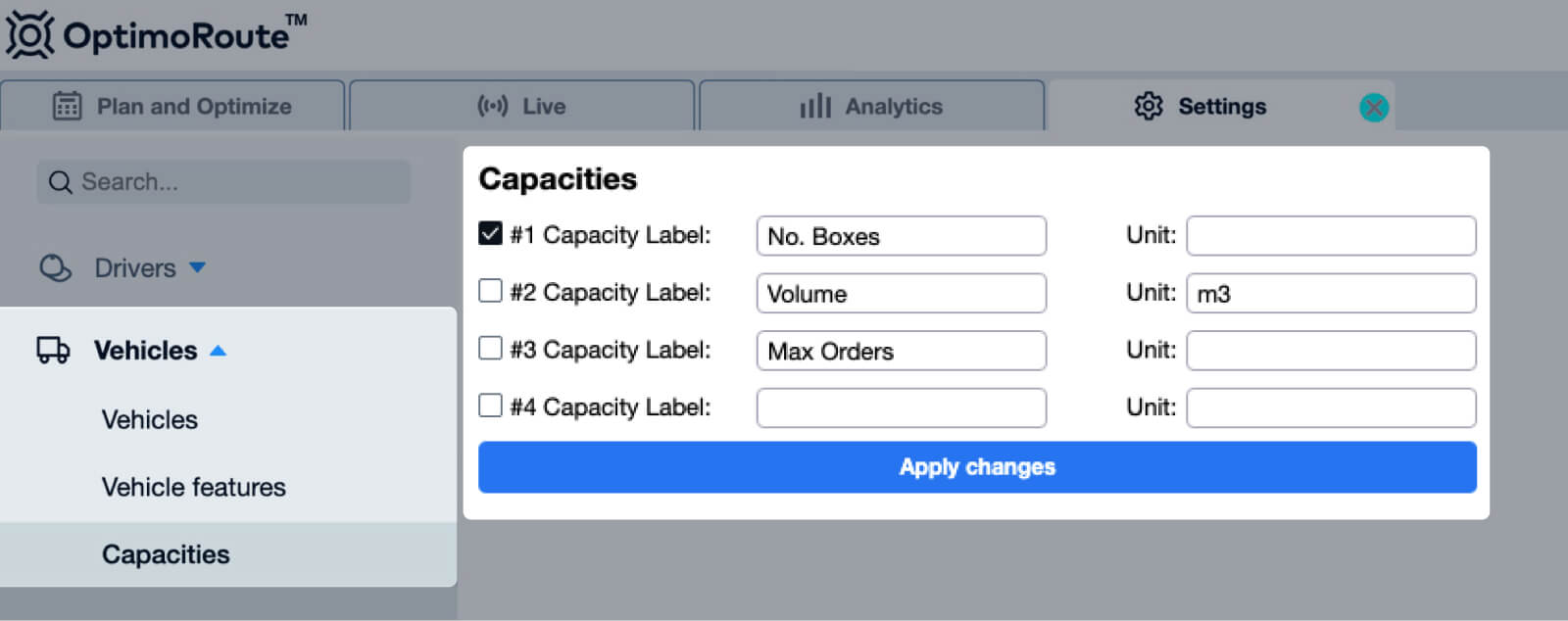 Set up vehicle load capacities – OptimoRoute Help Center